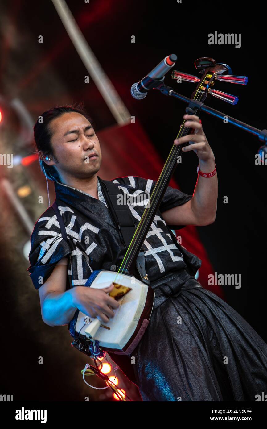 Keisho Ono, Tsugaru-shamisen player, performs during the Etna Comics 2019 in Catania. (Photo by ...