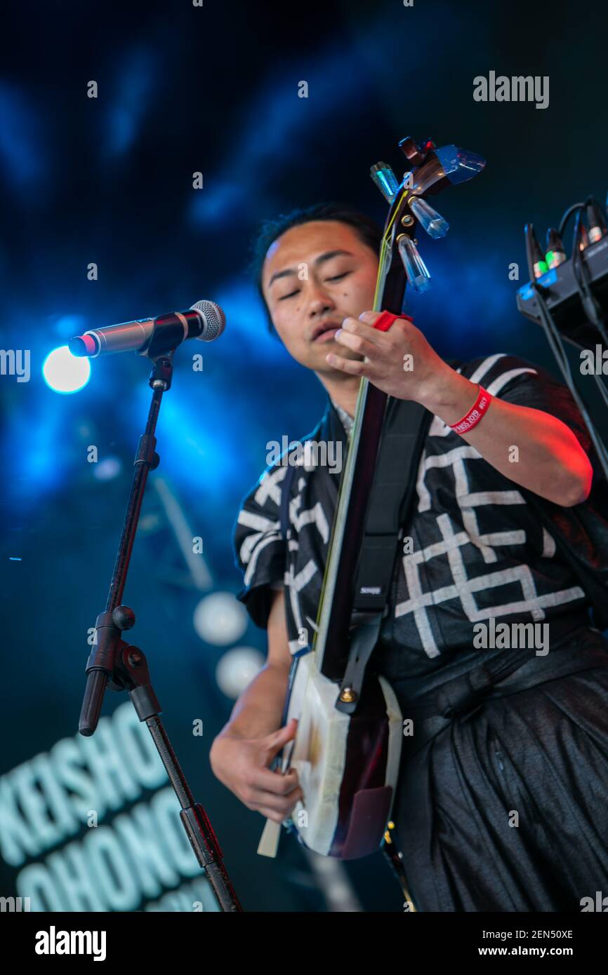 Keisho Ono, Tsugaru-shamisen player, performs during the Etna Comics 2019 in Catania. (Photo by ...