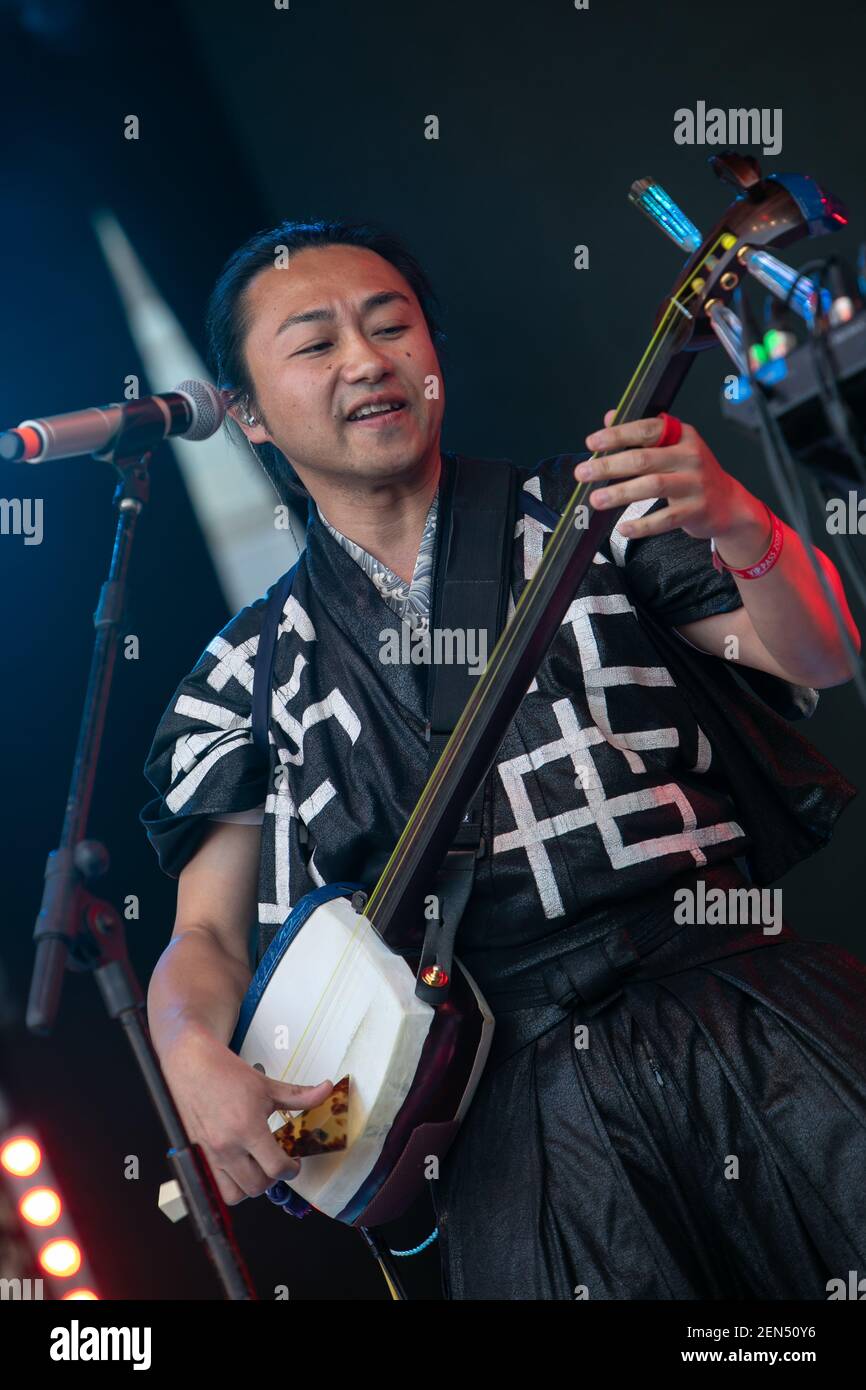Keisho Ono, Tsugaru-shamisen player, performs during the Etna Comics 2019 in Catania. (Photo by ...