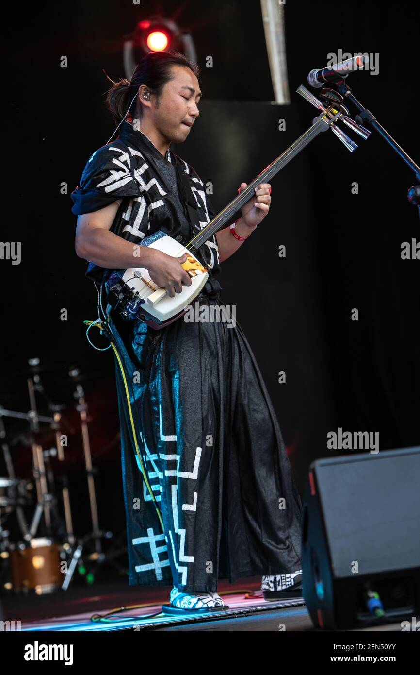 Keisho Ono, Tsugaru-shamisen player, performs during the Etna Comics 2019 in Catania. (Photo by ...