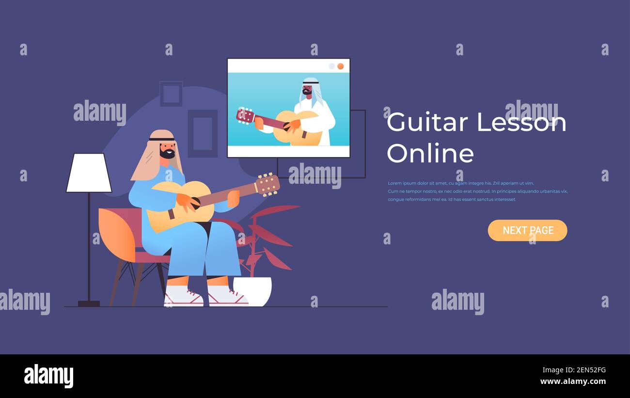 arab man playing guitar with arabic teacher in web browser window ...