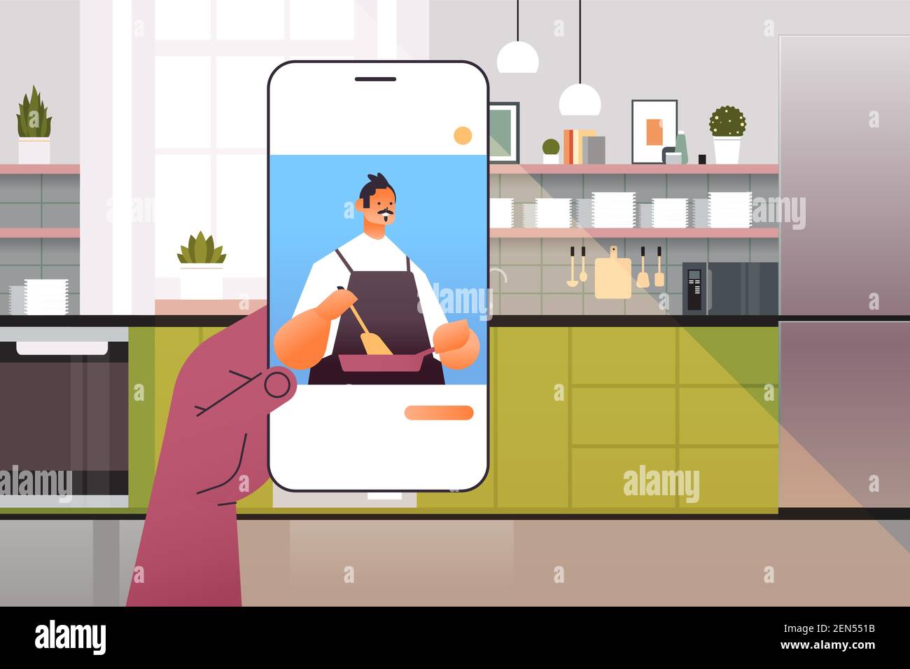 human watching chef food blogger preparing dish on smartphone screen ...