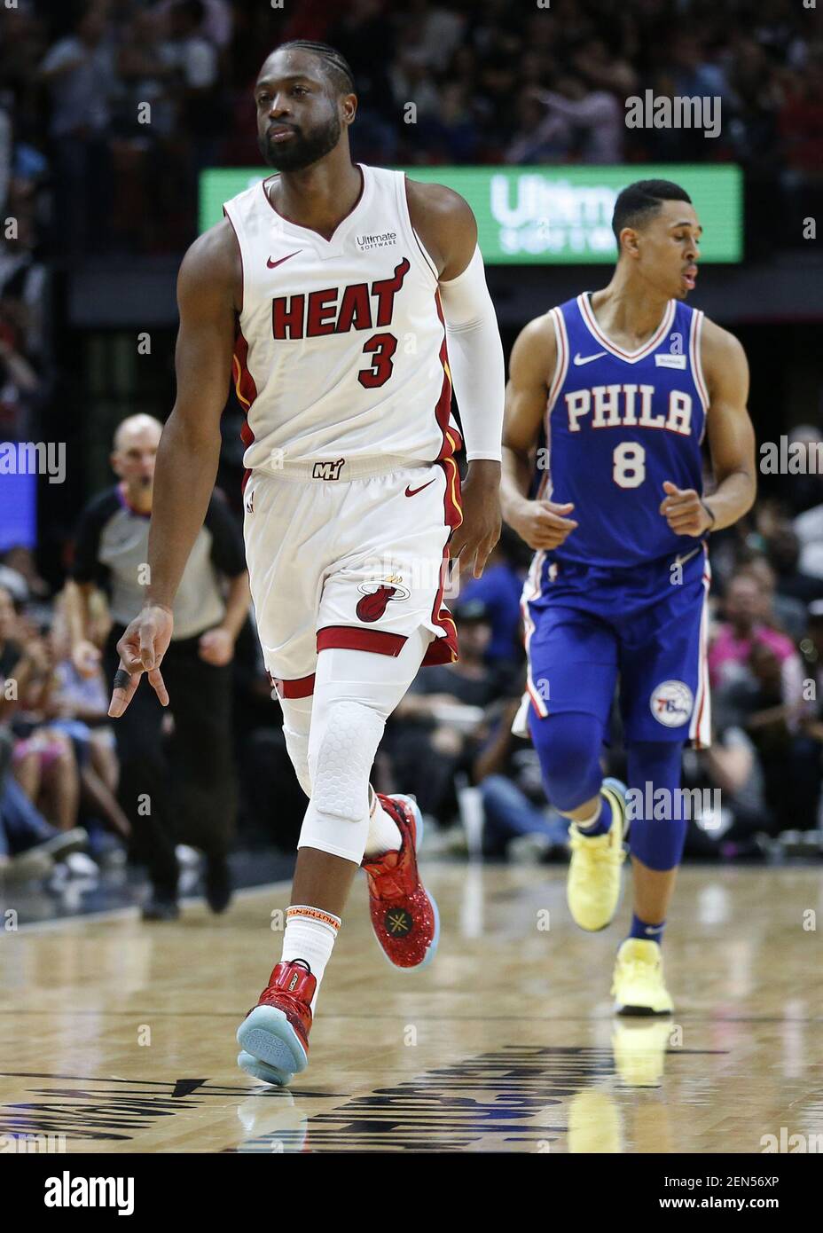 The Miami Heat's Dwyane Wade (3) celebrates after sinking a 3-pointer ...