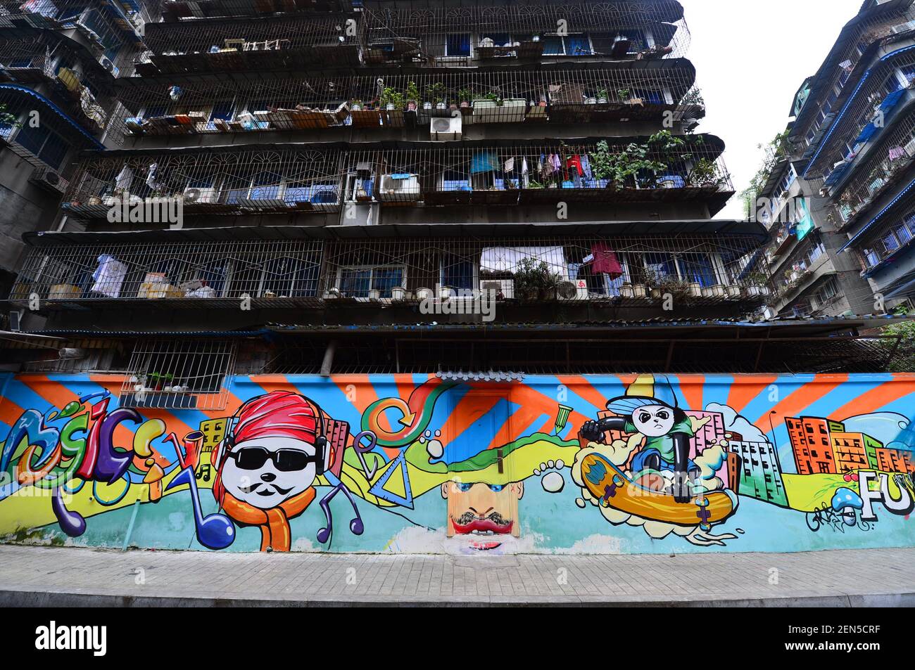 Colorful wall paintings feature giant pandas in an alley in Chengdu ...