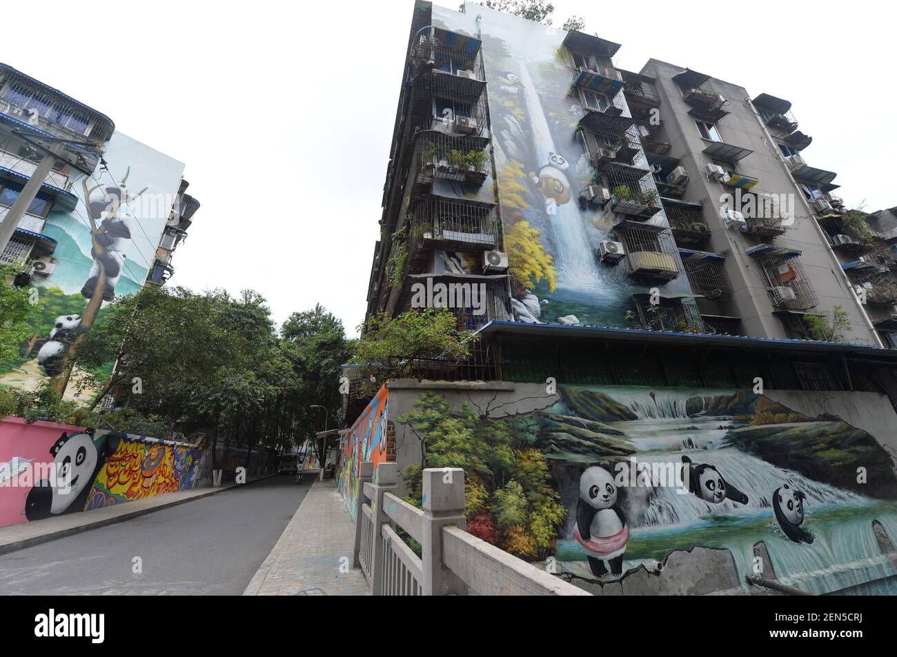Colorful wall paintings feature giant pandas in an alley in Chengdu ...