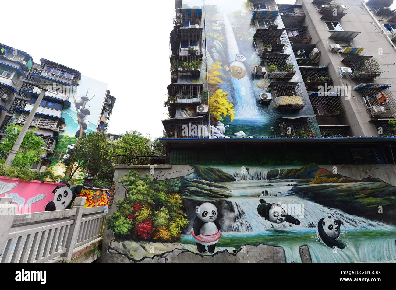 Colorful wall paintings feature giant pandas in an alley in Chengdu ...