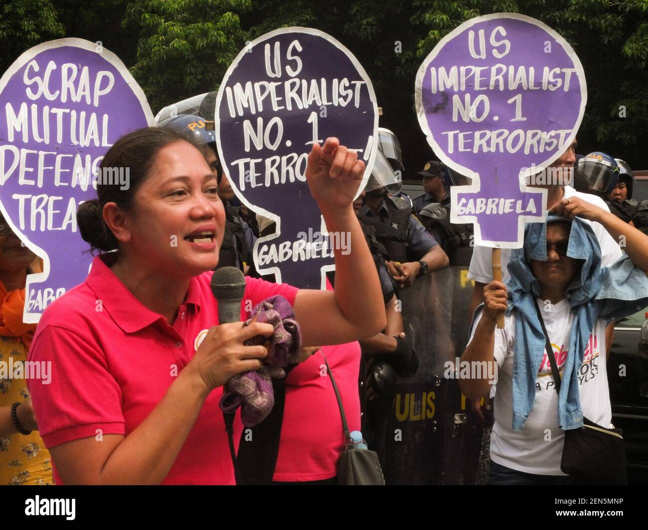 Party representative Arlene Brosas, speaks to the crowd during the ...