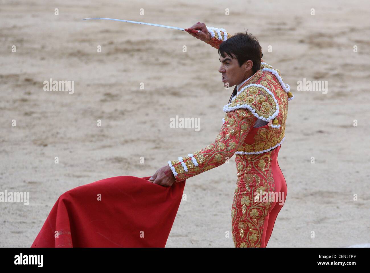 Spanish matador López Chaves prepares his sword to kill a Cuadri ranch ...