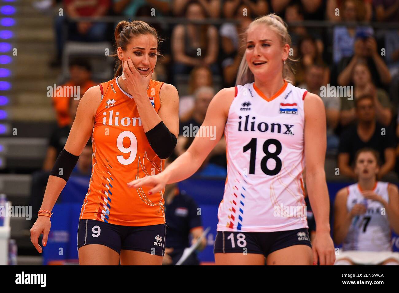 Myrthe Schoot (L) and Marrit Jasper (R) from Netherlands react during a ...