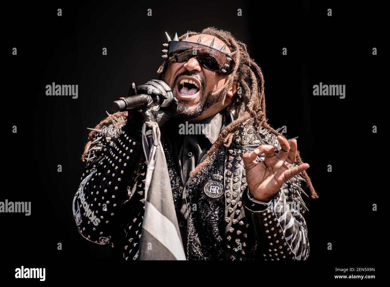 Benji Webbe, singer of the British rock band Skindred, performing live ...
