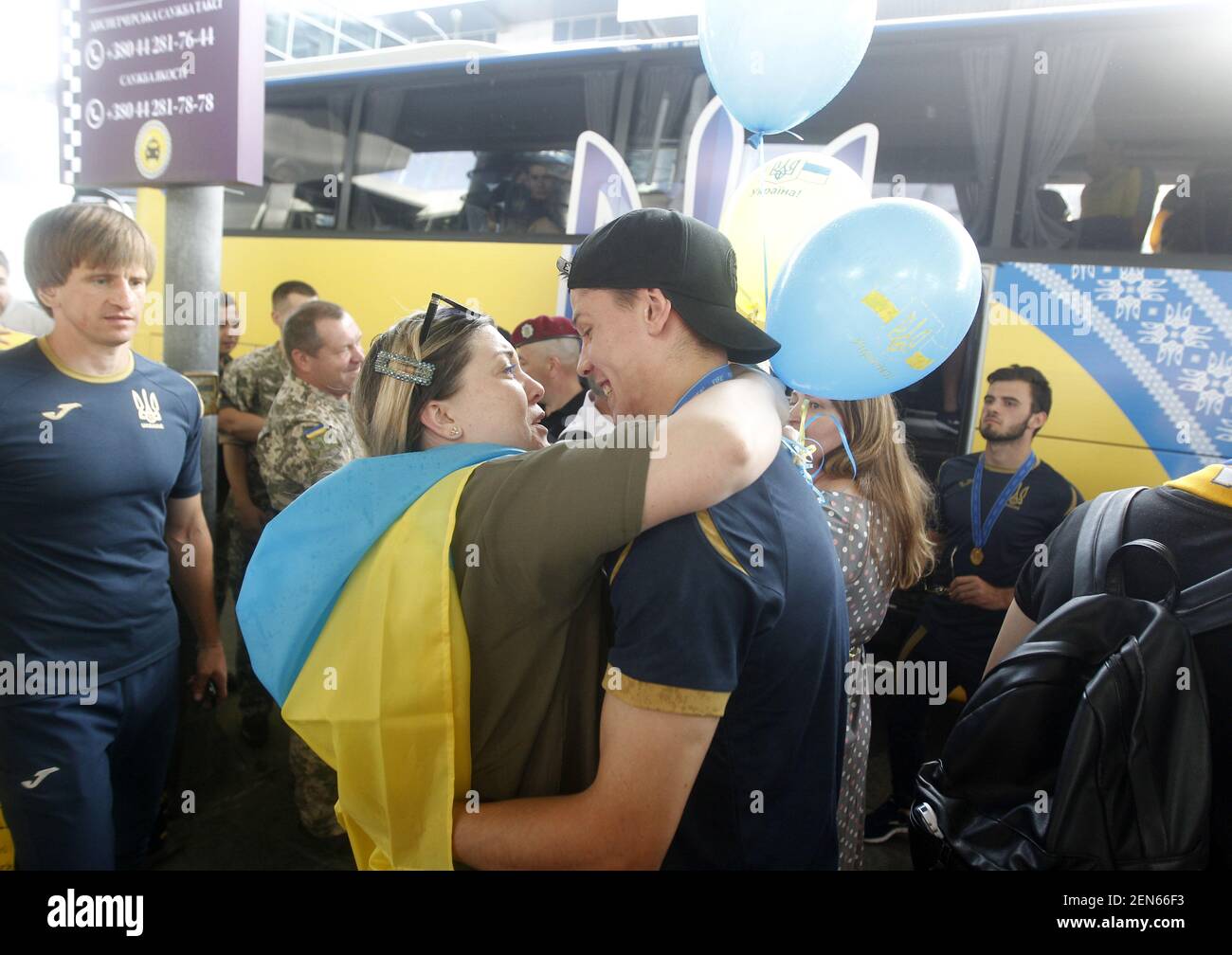Ukrainian national team player hug during the national teams' arrival ...