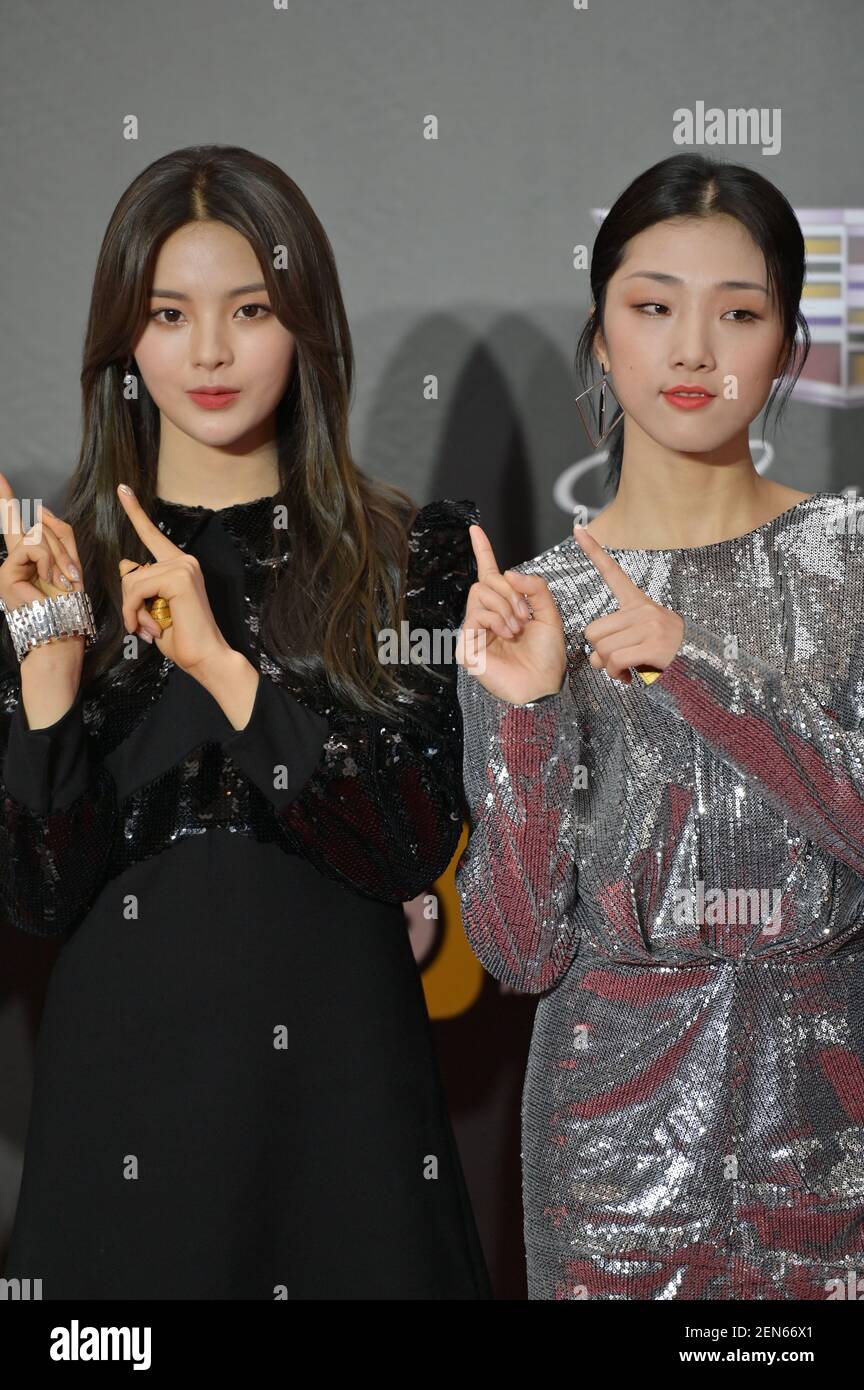 Yang Chaoyue, left, and Yamy of Chinese idol group Rocket Girls 101 arrive on the red carpet for ...