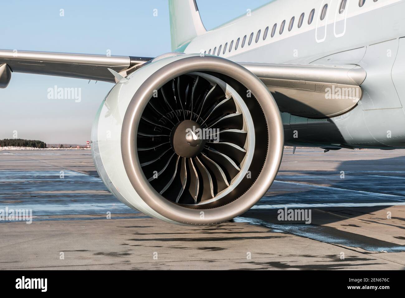 Close-up of engine of big passenger airplane Stock Photo - Alamy