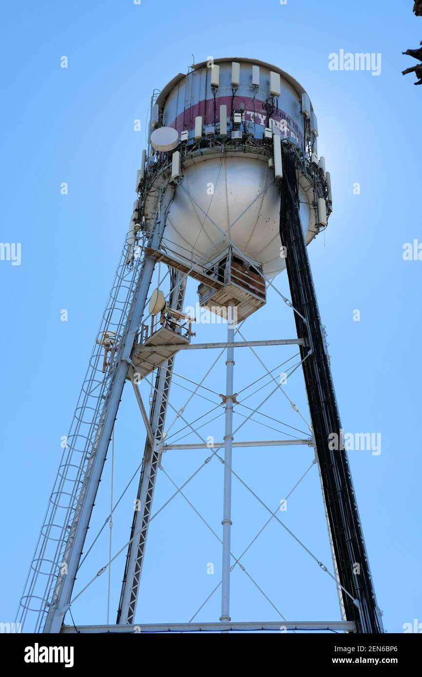 Calexico, California water tower seen from below on a clear, bright ...
