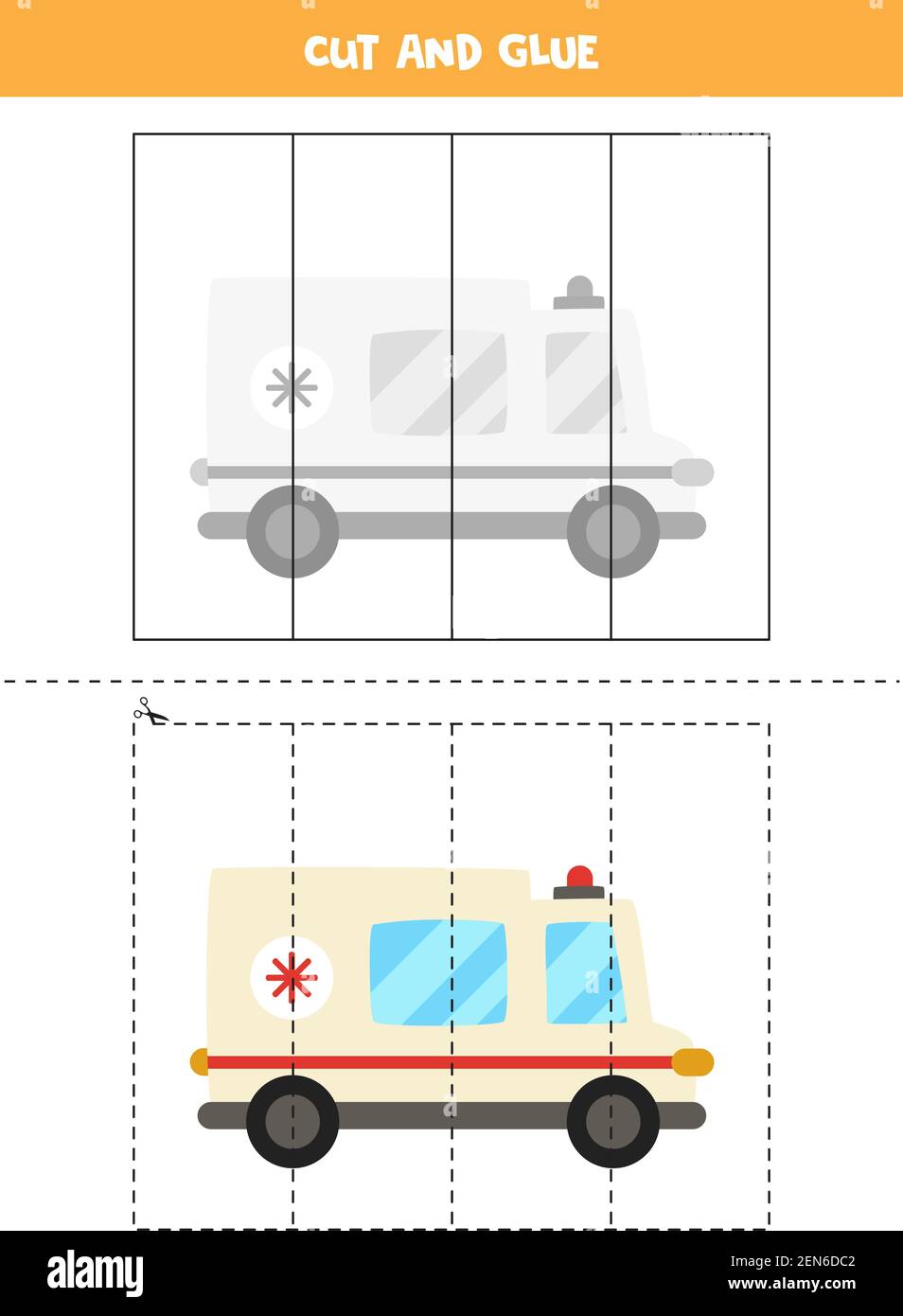 Cut and glue game for kids with cartoon ambulance car. Cutting practice ...