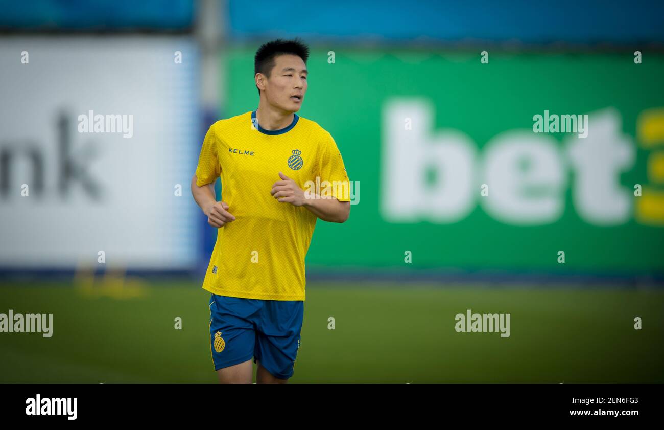 Chinese footballer Wu Lei takes part in a training session of RCD ...