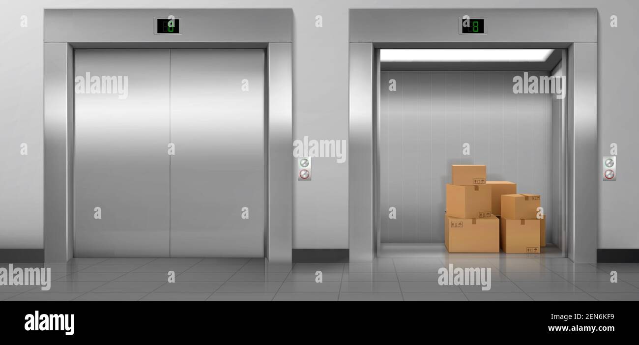 Cargo elevators with closed and open doors in hallway. Vector realistic ...