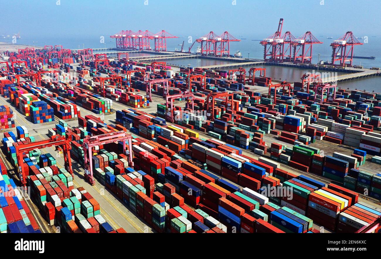 --FILE--Containers are stacked at the fully automated container ...