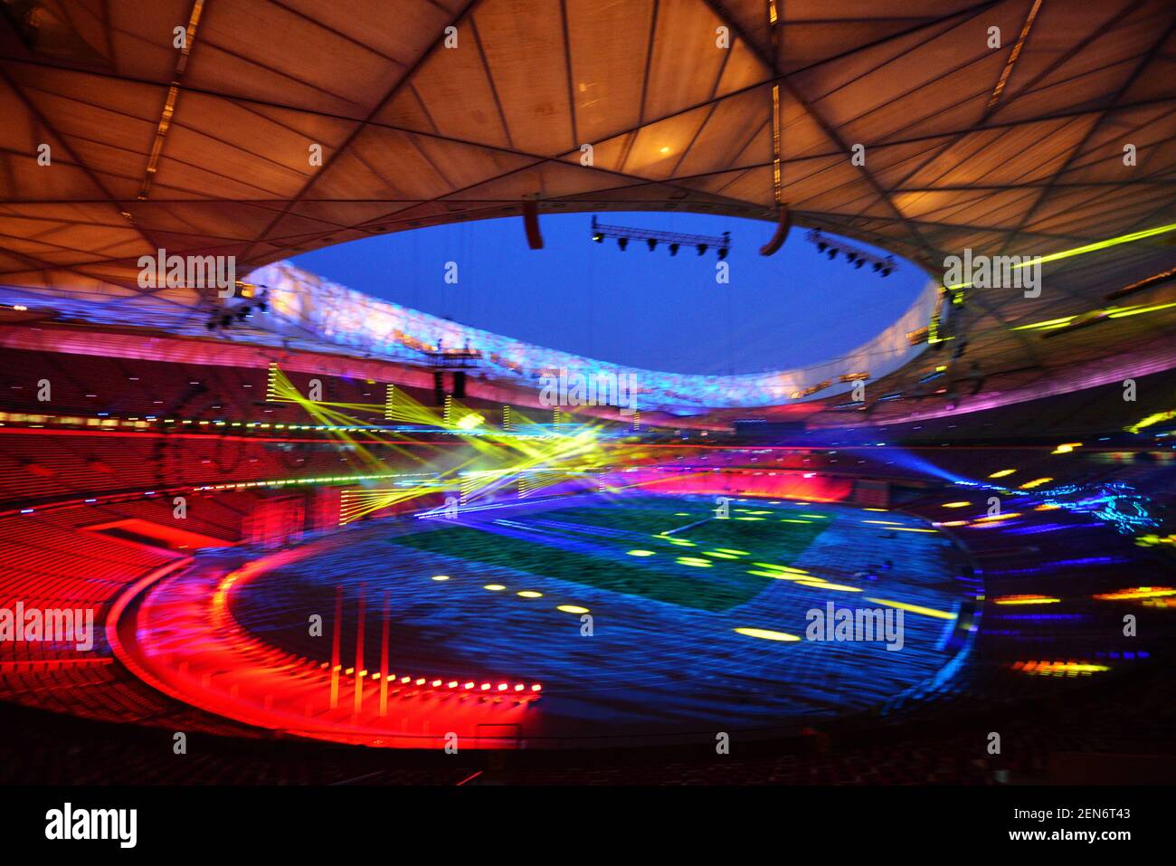 Beijing, China - June 20 2019:The magnificent light show at the bird's ...