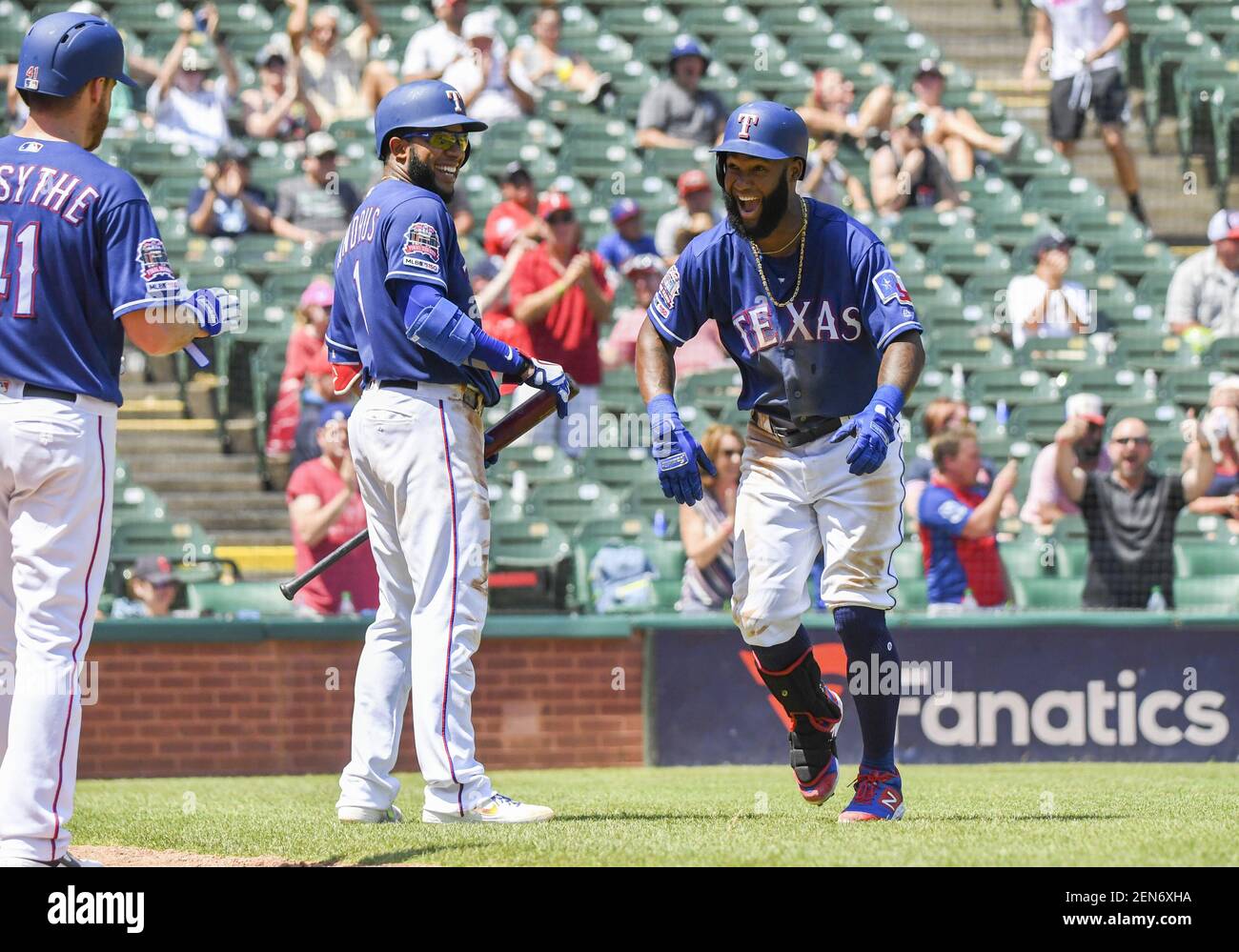 June 20, 2019: Texas Rangers outfielder Danny Santana celebrates after ...