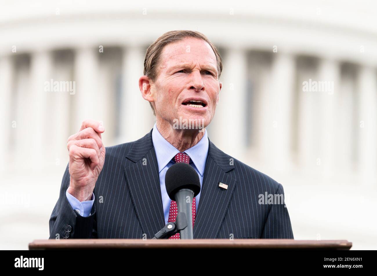 U.S. Senator Richard Blumenthal (D-CT) speaking at an event in front of ...