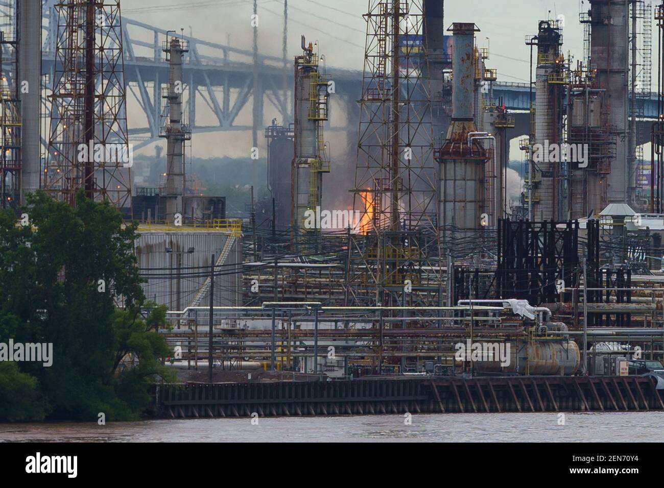 A view of the oil refinery, where a fire has been reported, in ...