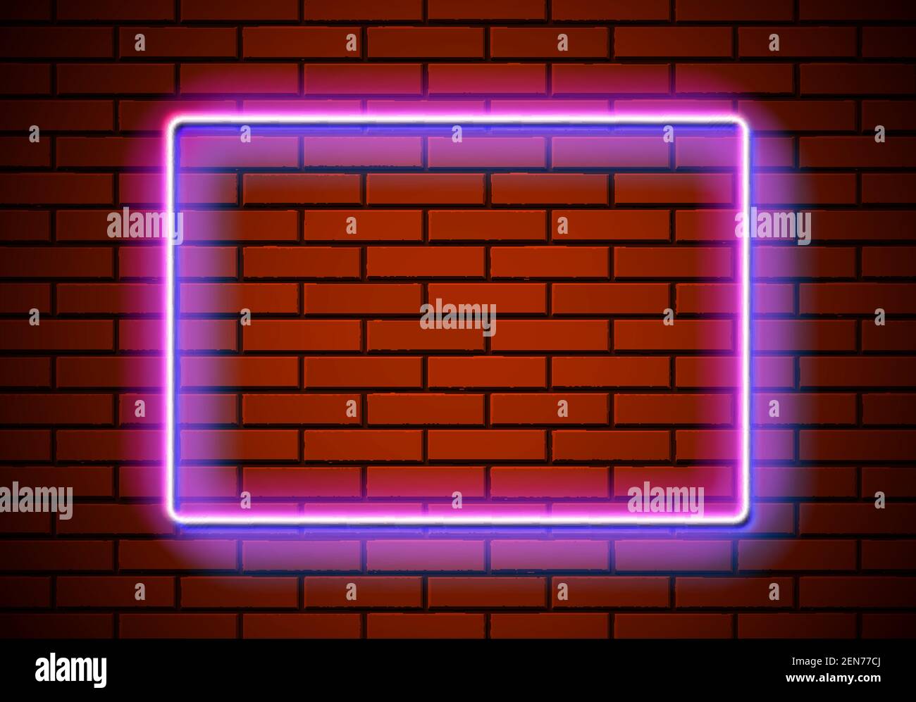 Neon frame with square shape on the red brick wall. Classic rectangular ...