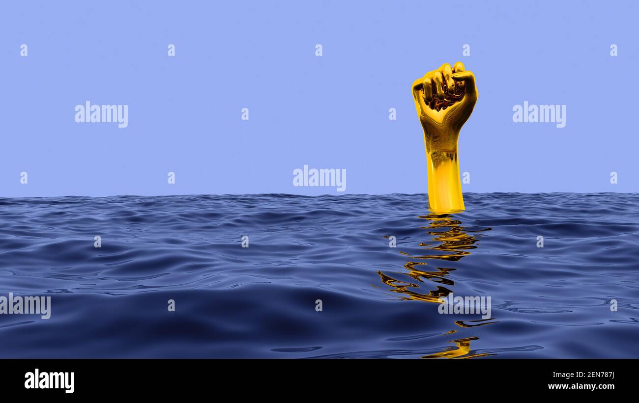 Surreal vaporwave concept with golden hand gesturing with fist from ...