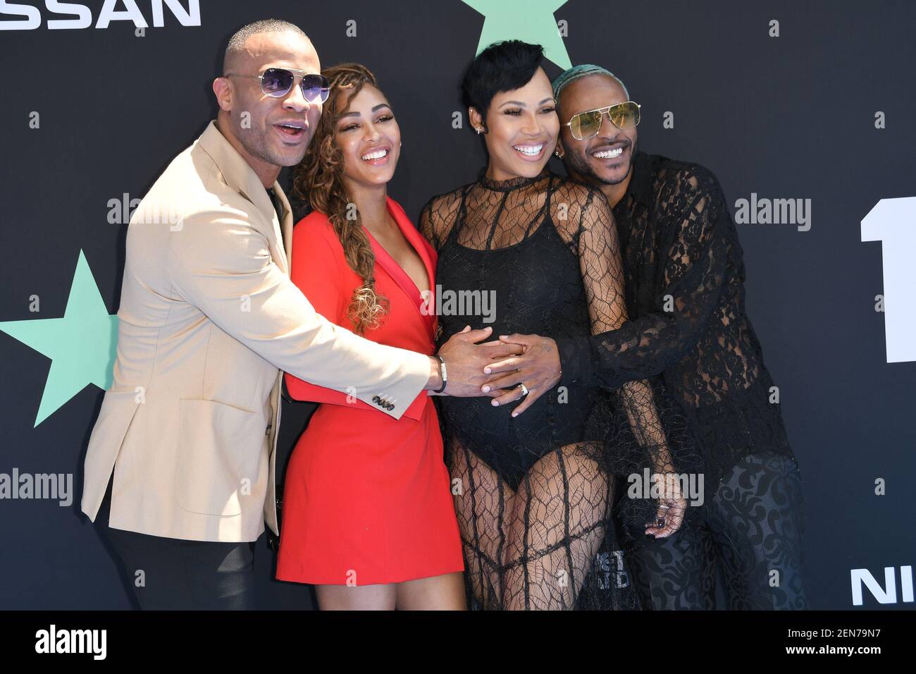 L-R) Devon Franklin, Meagan Good, Eric Bellinger, and La'Myia Good at the 2019 BET Awards held ...