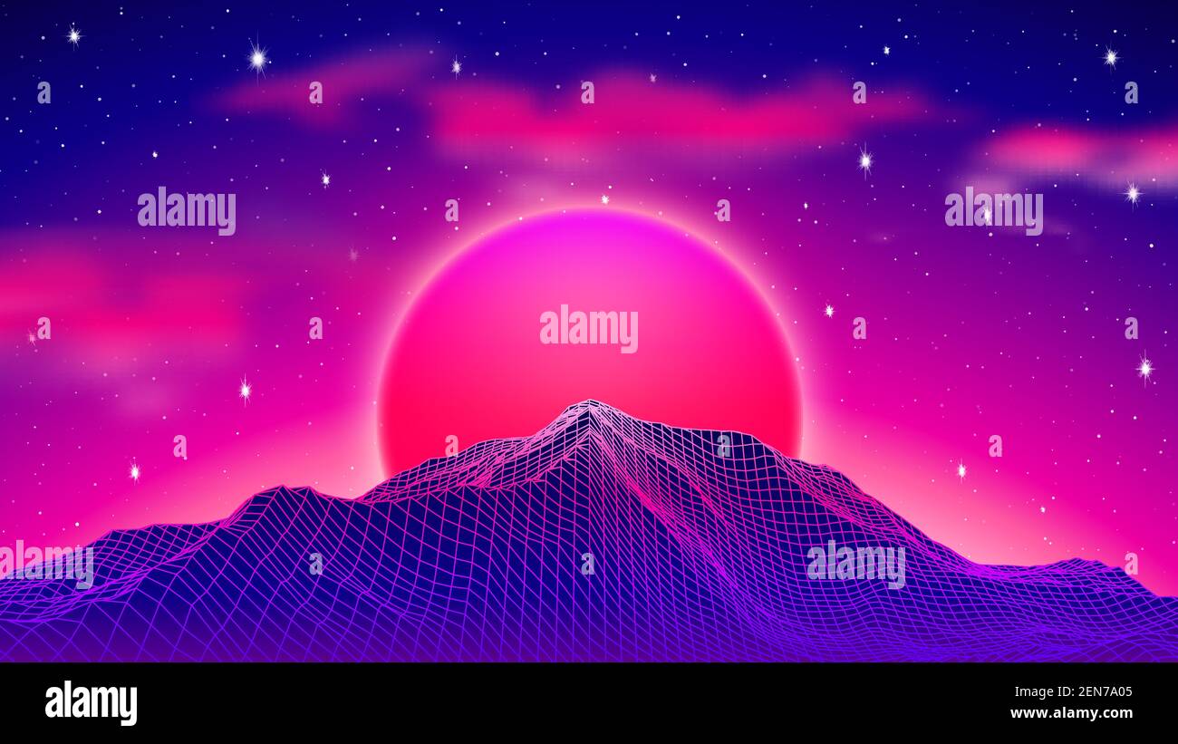 80s synthwave styled landscape with blue grid mountains peak and purple ...