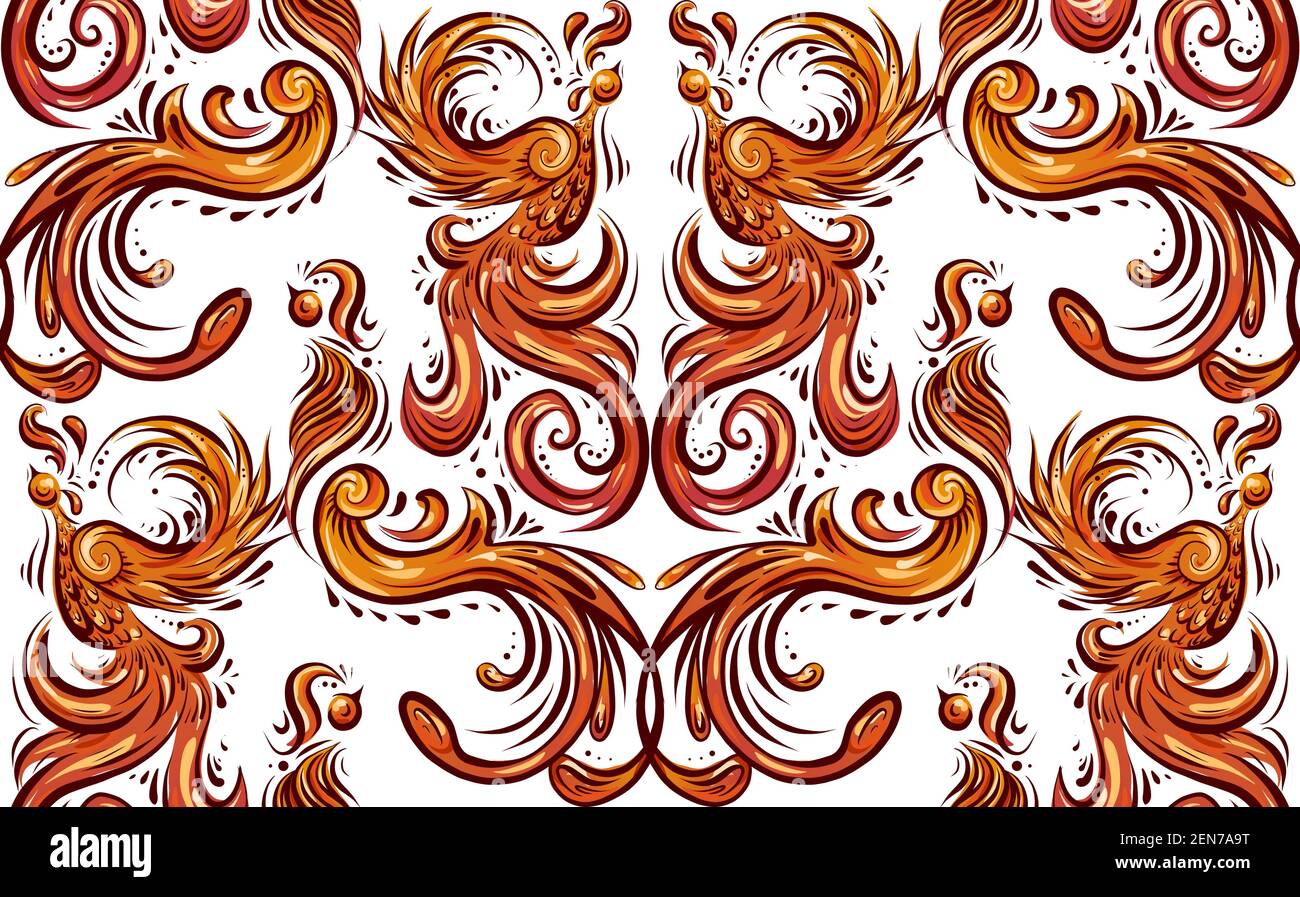Vintage phoenix seamless pattern with curls and feathers. Wallpaper of ...