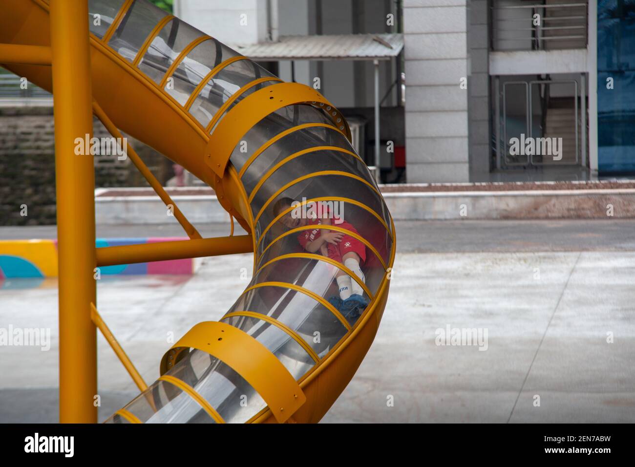 Chongqing, China - June 24 2019: A slide on the road outside yudong ...