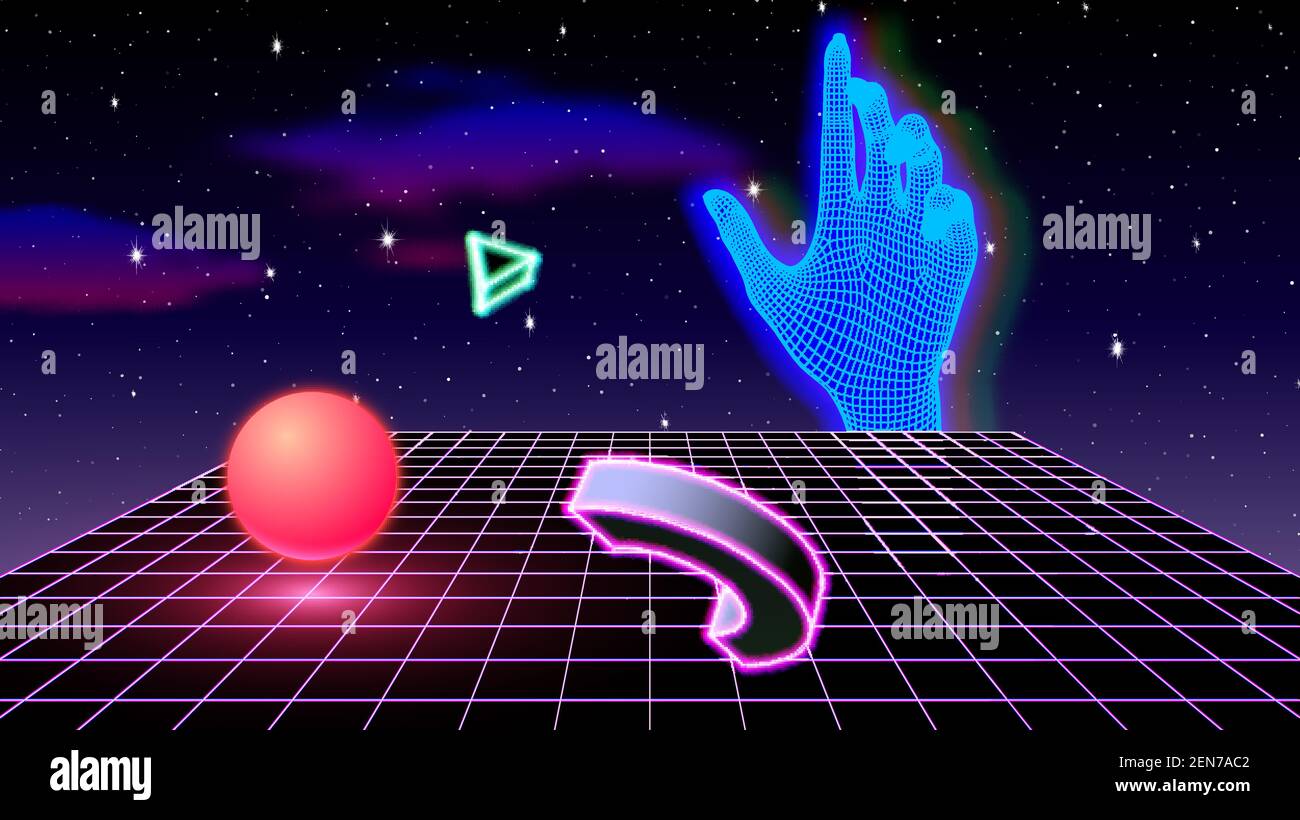 Vaporwave or synthwave abstract concept with glitchy glowing hand, neon ...
