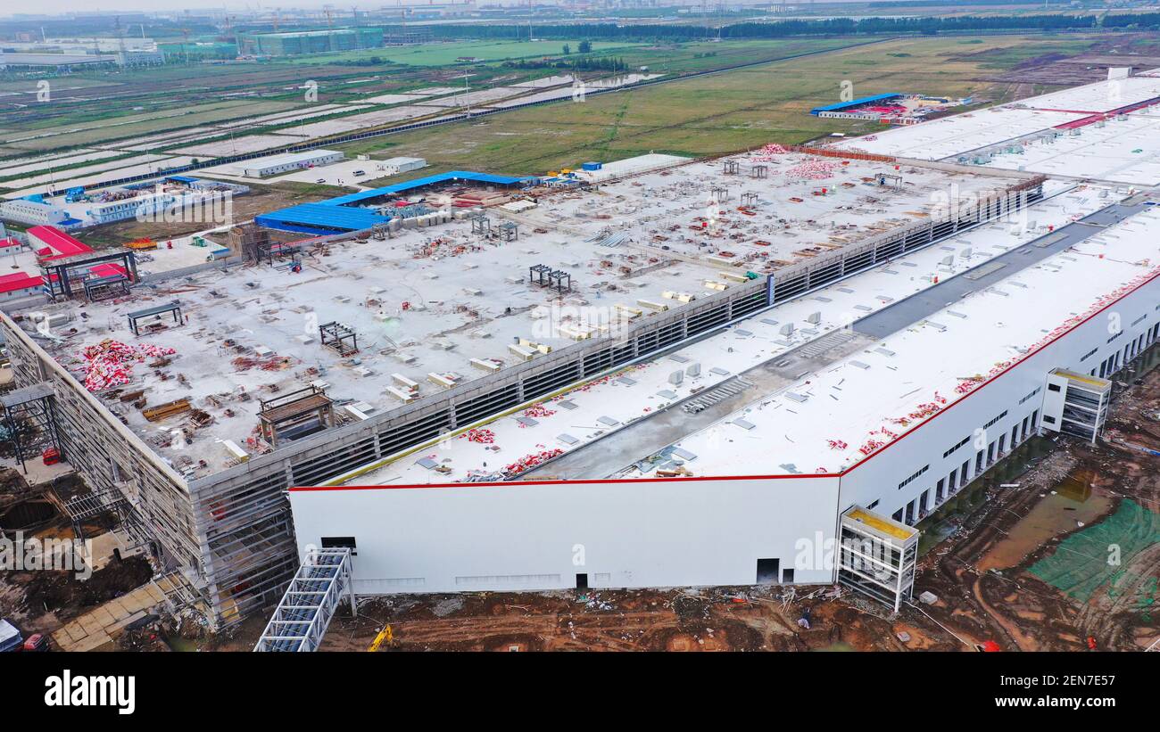 An aerial view of the Tesla Gigafactory 3 under construction in Lingang ...