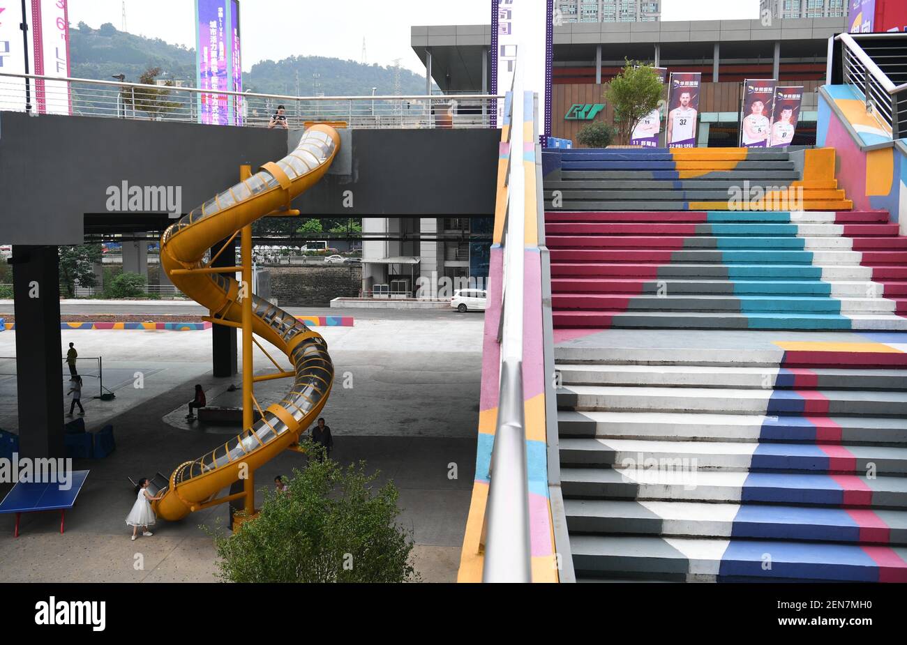 View of a 10-meter-high spiral slide from the first floor of the ...