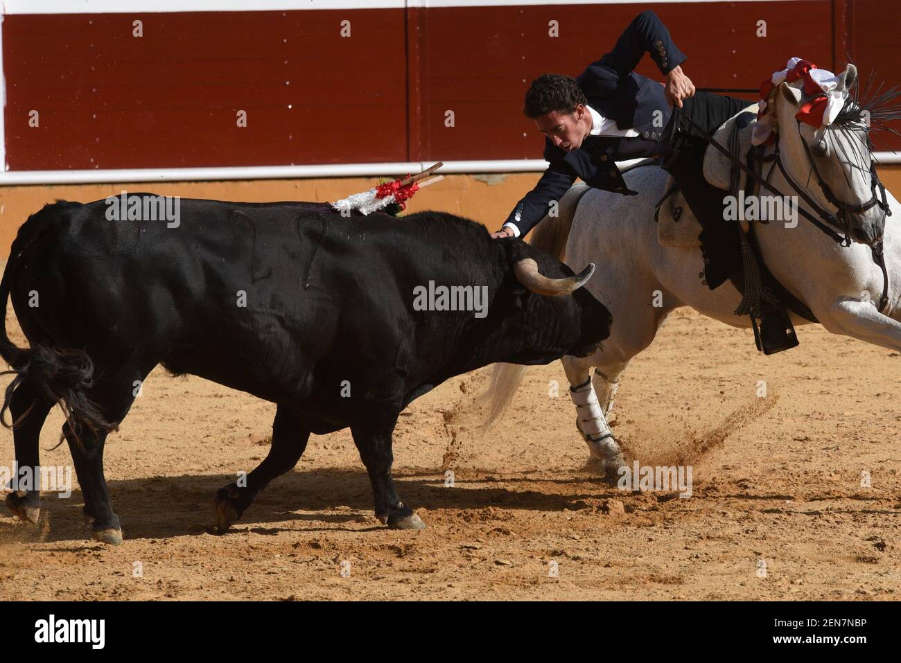 Leonardo Hernández, a Spanish matador on horseback, performs with a ...