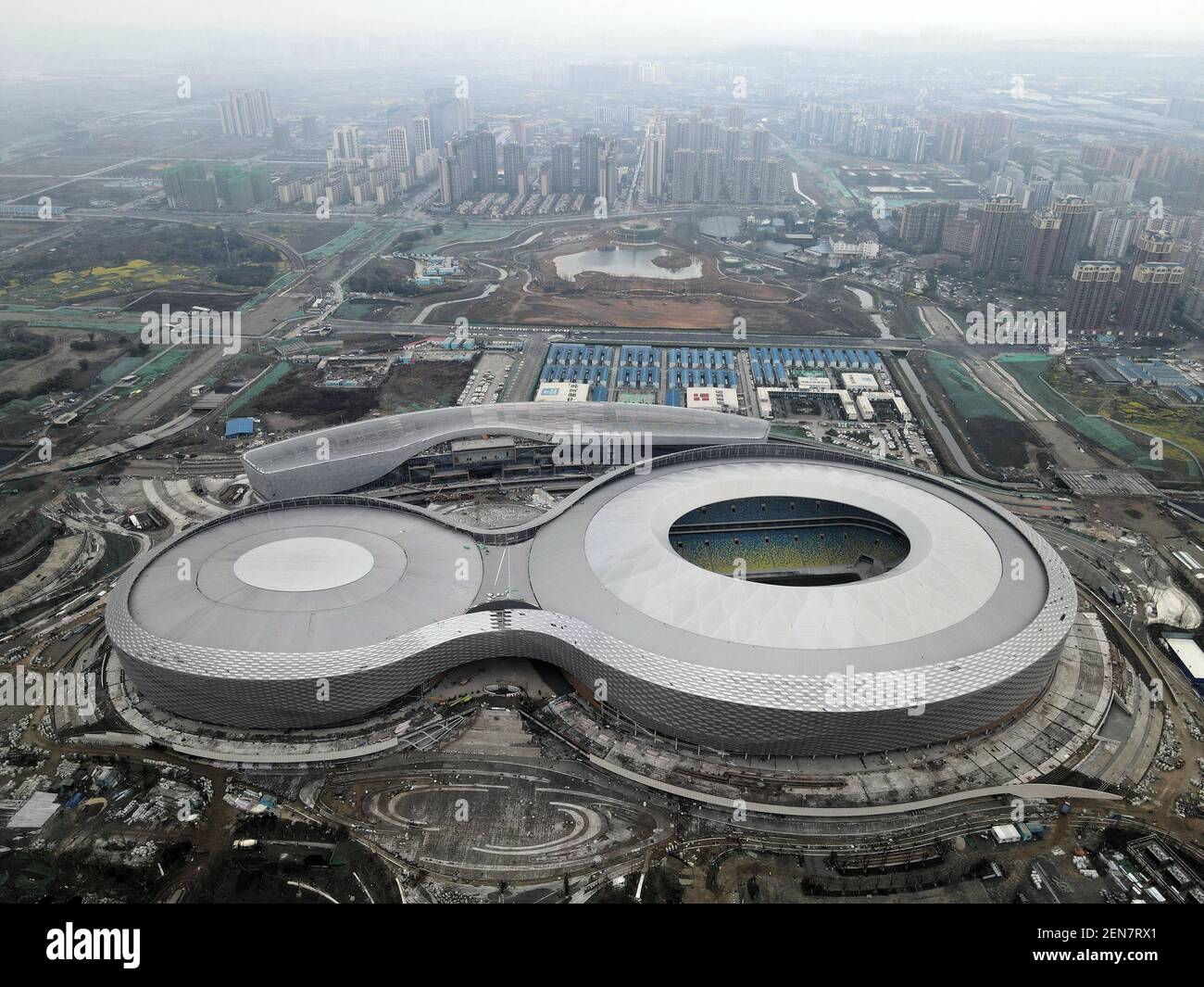 Chengdu City, China. Feb 25 2021: Aerial view of the main stadium of ...