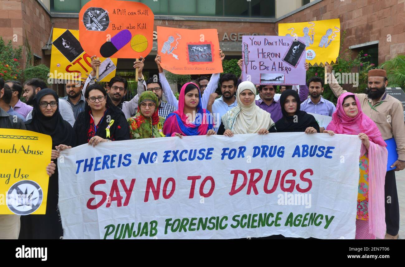 Members and officers of Punjab Forensic Science Agency hold banners ...