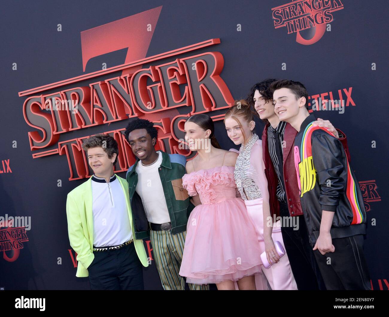(L-R) STRANGER THINGS 3 Cast - Gaten Matarazzo, Caleb McLaughlin, Millie Bobbie Brown, Sadie ...