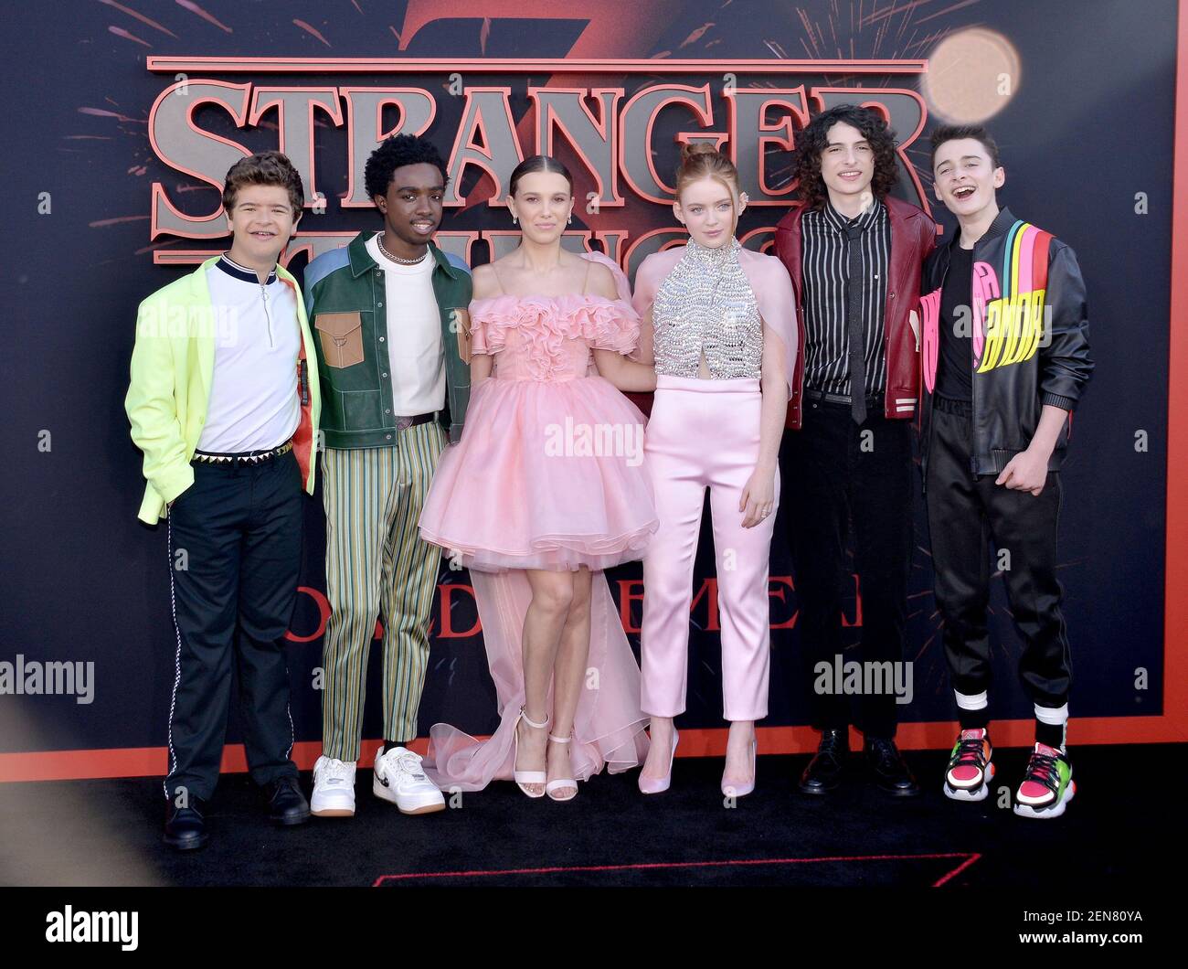 (L-R) STRANGER THINGS 3 Cast - Gaten Matarazzo, Caleb McLaughlin, Millie Bobbie Brown, Sadie ...