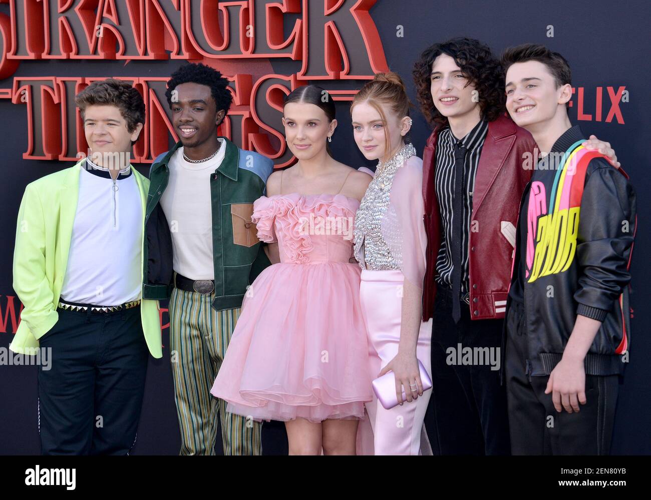 (L-R) STRANGER THINGS 3 Cast - Gaten Matarazzo, Caleb McLaughlin, Millie Bobbie Brown, Sadie ...