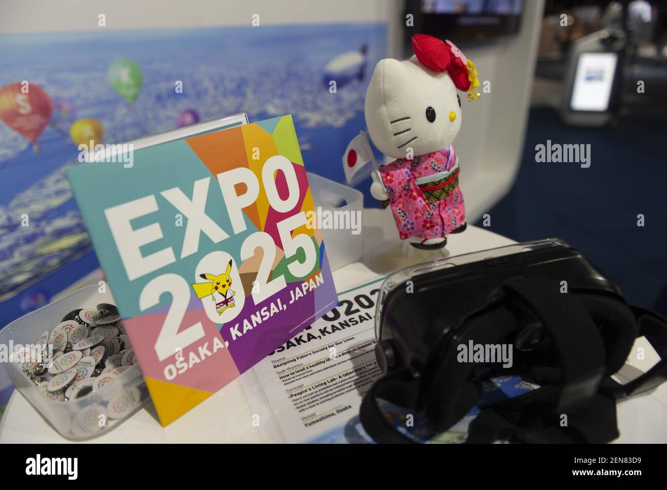 Osaka Expo 2025 logo are seen during G20 Osaka Summit at the media ...