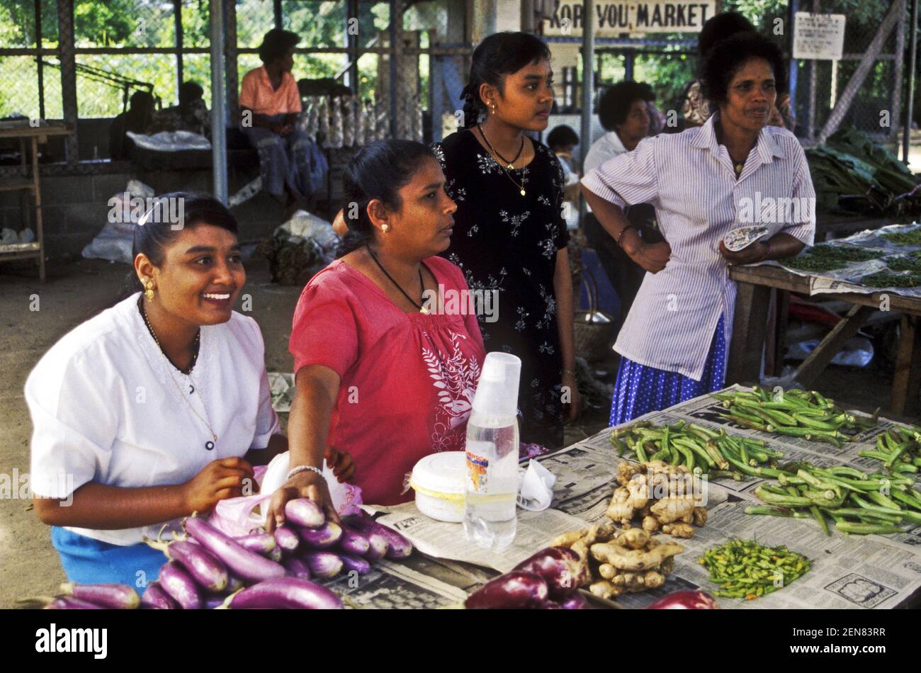 Fiji, Viti Levu, Korovou. Indo-Fijian women vendors at the town market ...
