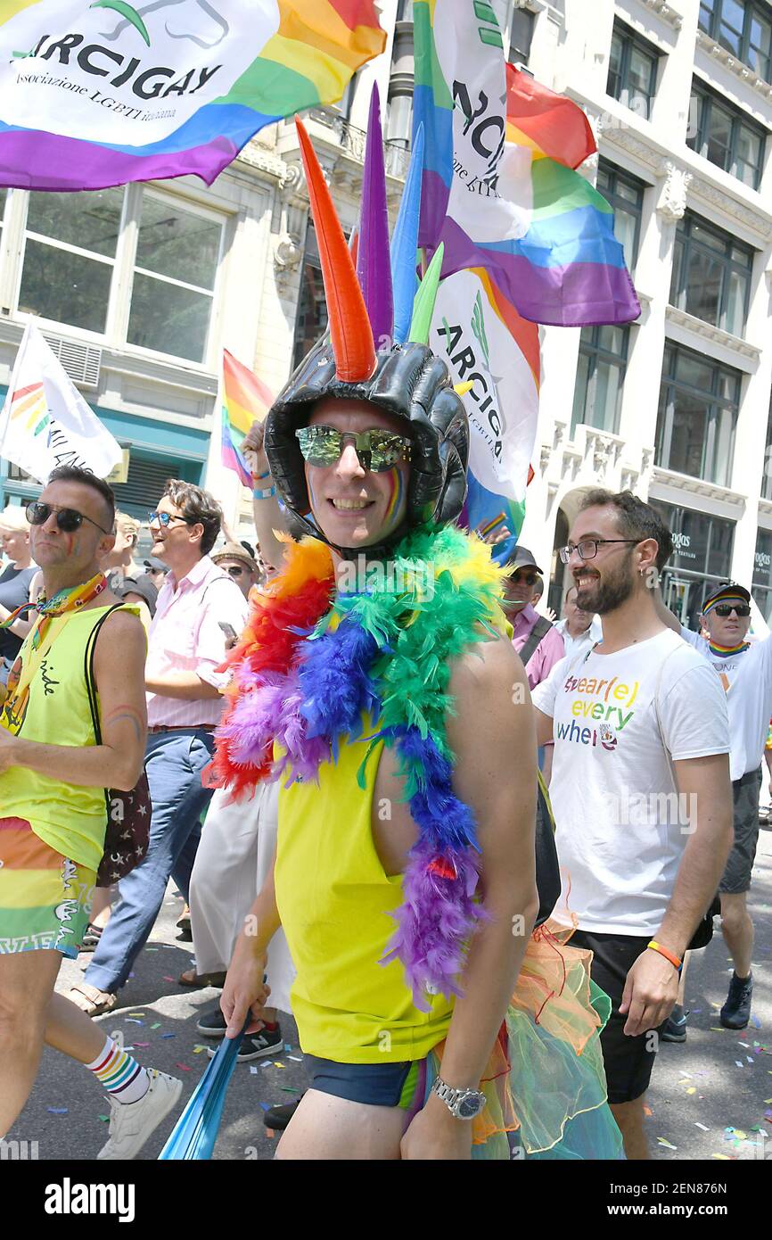 Marchers march in the World Pride NYC Pride March on June 30,2019 on Fifth Avenue in New York ...
