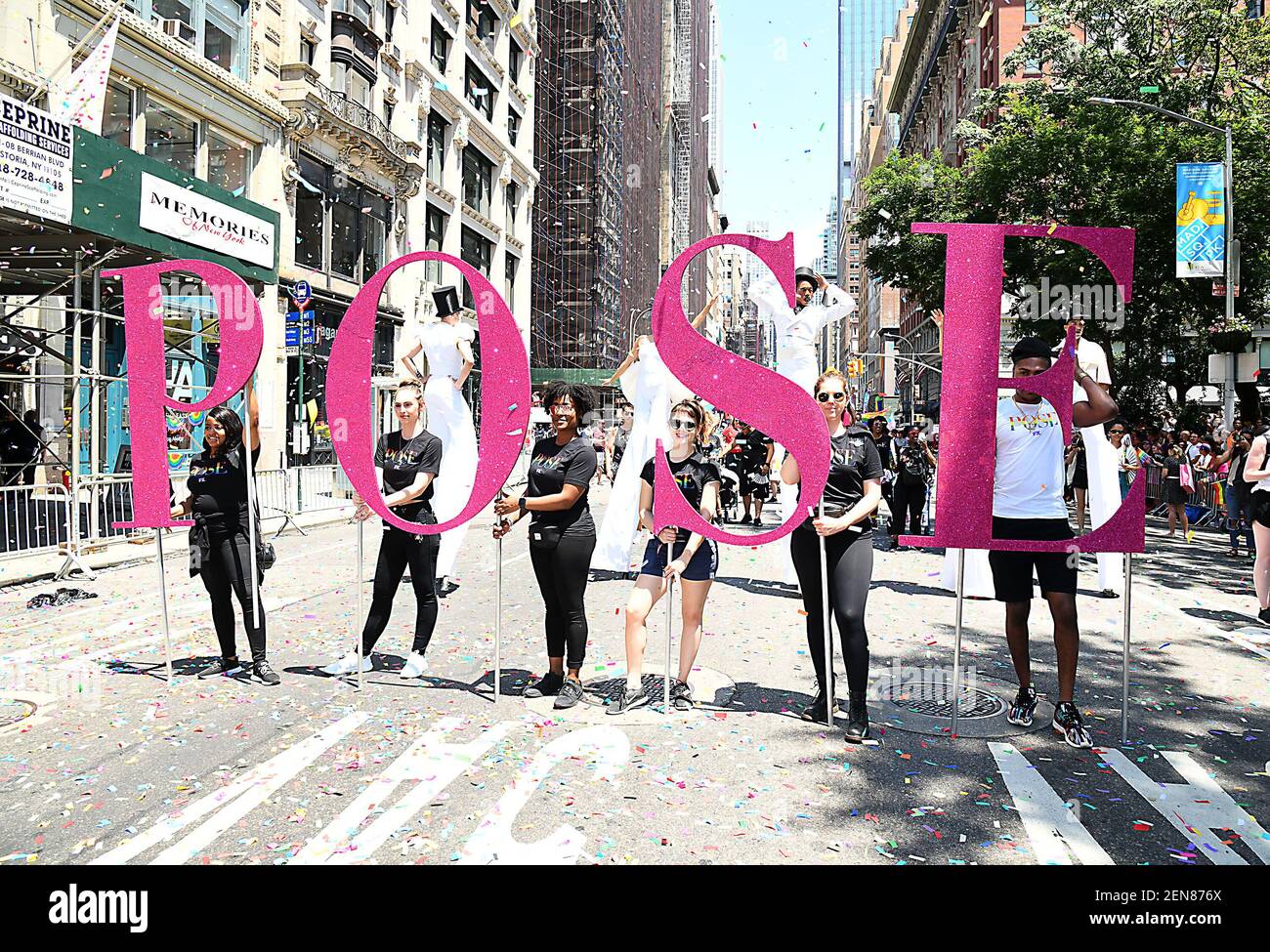Marchers march in the World Pride NYC Pride March on June 30,2019 on Fifth Avenue in New York ...