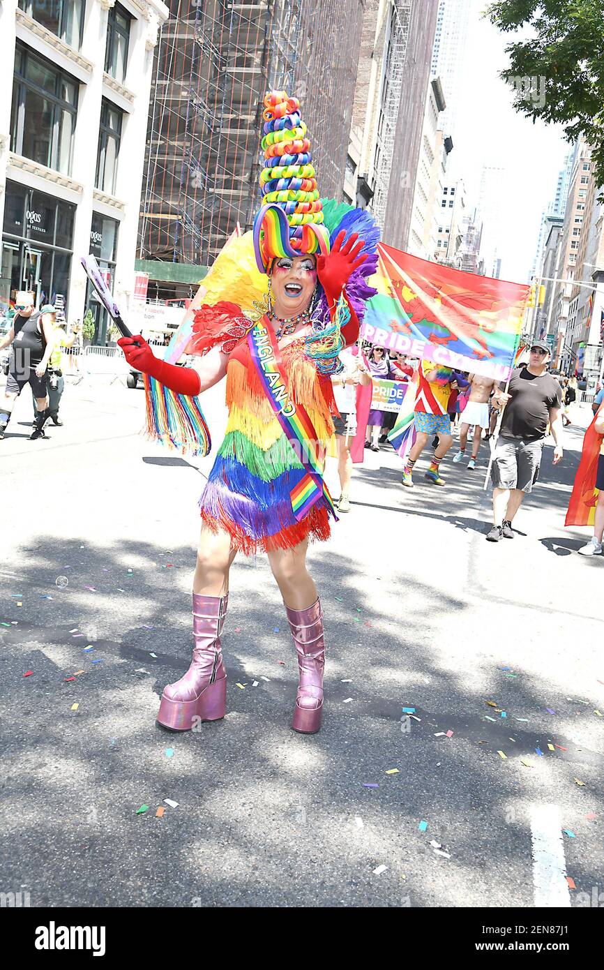 Marchers march in the World Pride NYC Pride March on June 30,2019 on Fifth Avenue in New York ...