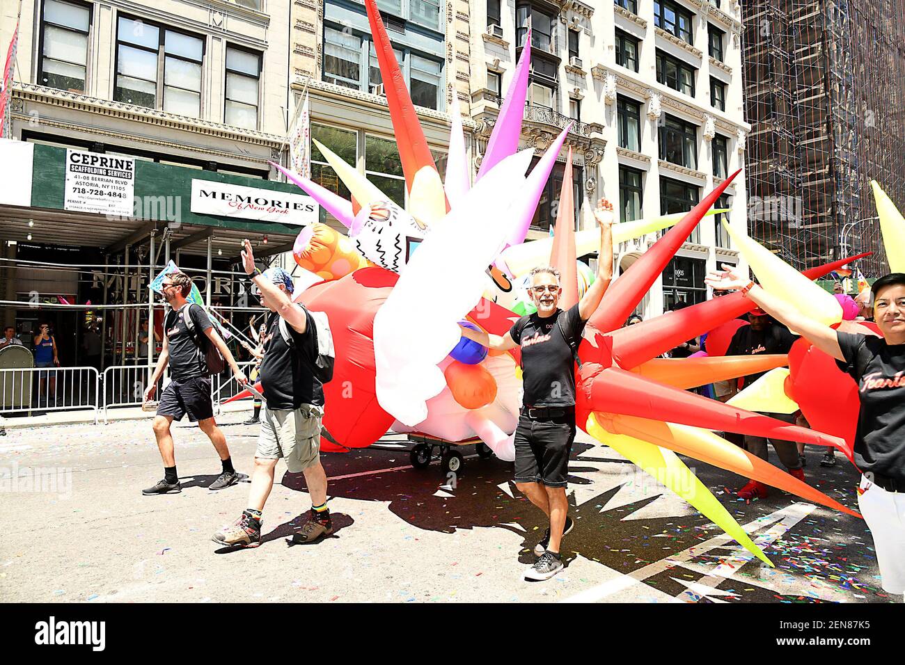 Marchers march in the World Pride NYC Pride March on June 30,2019 on Fifth Avenue in New York ...
