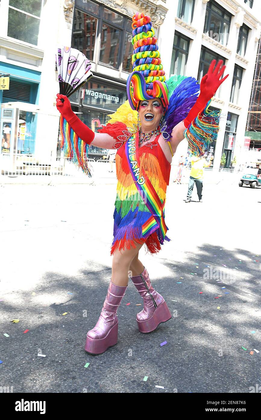 Marchers march in the World Pride NYC Pride March on June 30,2019 on Fifth Avenue in New York ...