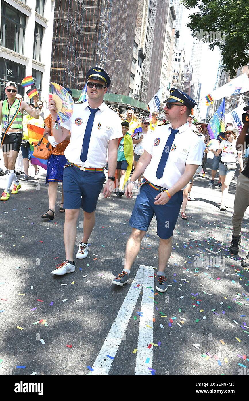 Marchers march in the World Pride NYC Pride March on June 30,2019 on Fifth Avenue in New York ...