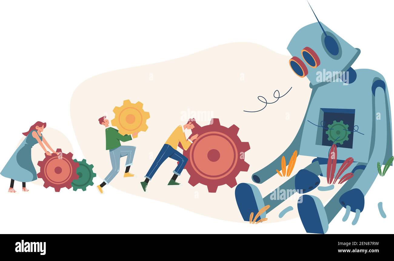 People bring gears to fix a broken robot Stock Vector Image & Art - Alamy